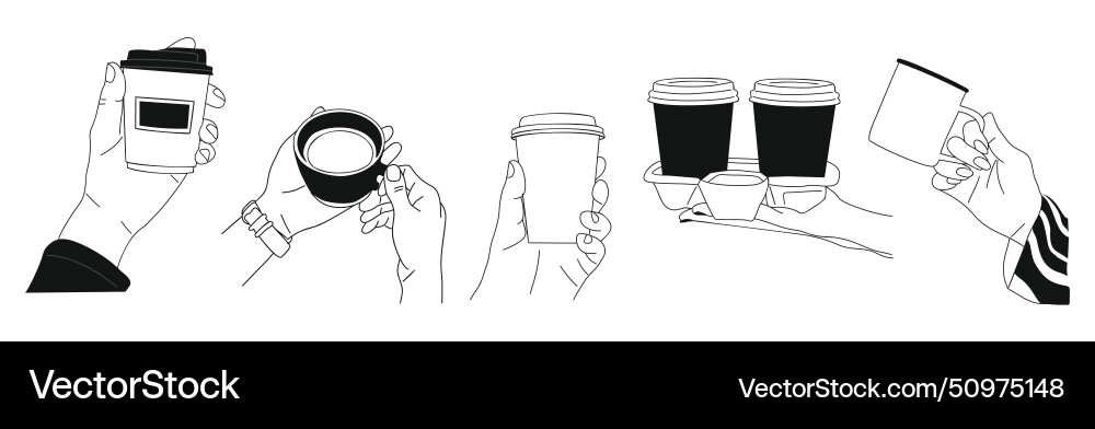 Different hands holding cups mugs with coffee Vector Image