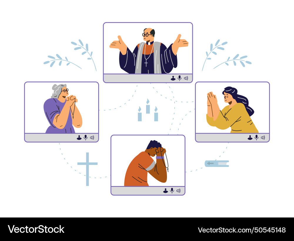 Pastor and praying people online sermon flat Vector Image