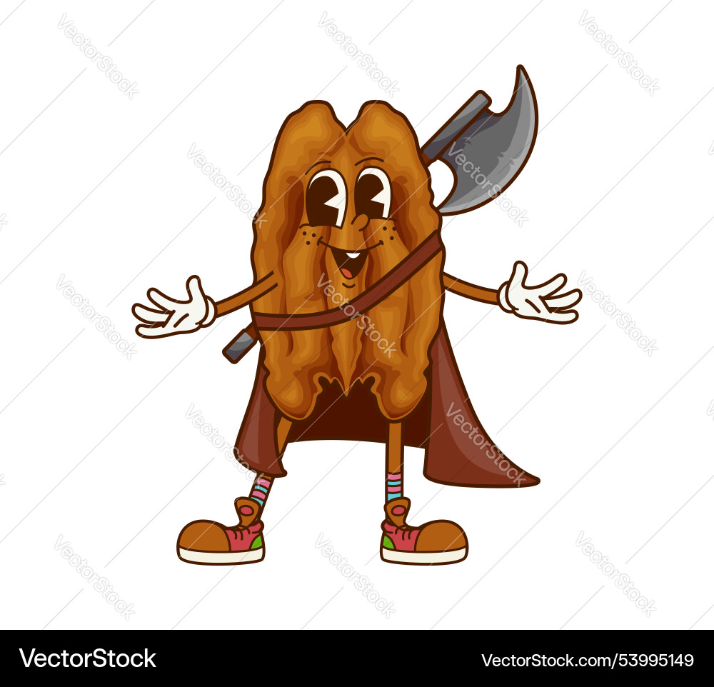 Groovy pecan nut superhero character with ax Vector Image