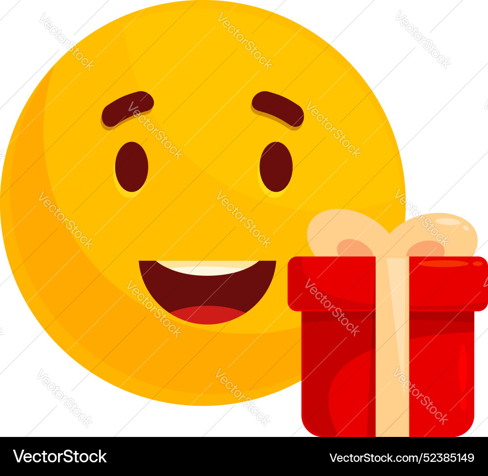 Happy emoji giving a present with big smile Vector Image