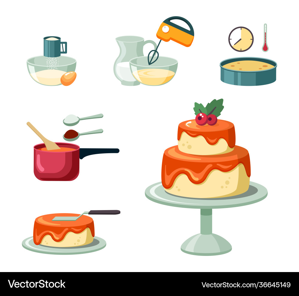 Stages and equipment making birthday cake set Vector Image