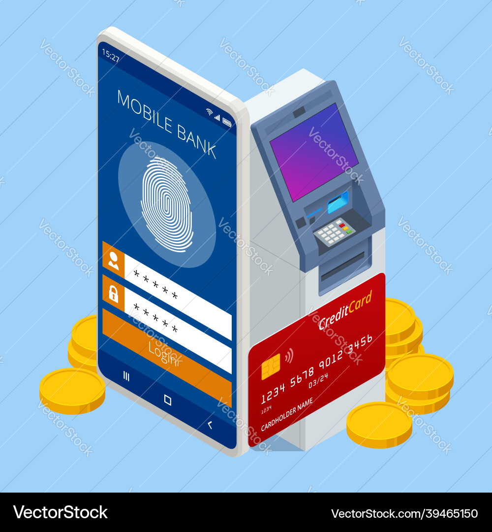 Isometric online mobile banking and internet Vector Image
