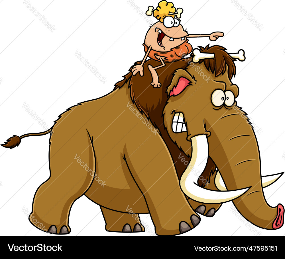 Happy cavewoman riding a mammoth Royalty Free Vector Image