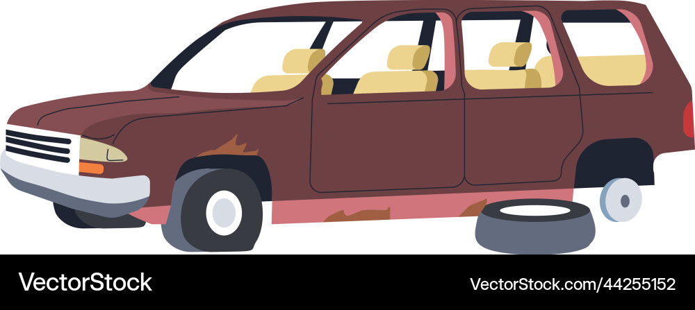 Damaged and outdated car with broken parts Vector Image