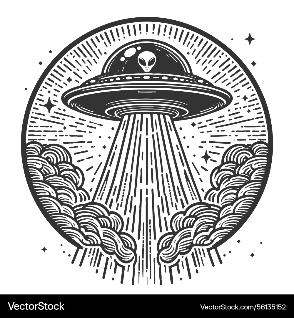 Ufo with beam of light engraving Royalty Free Vector Image
