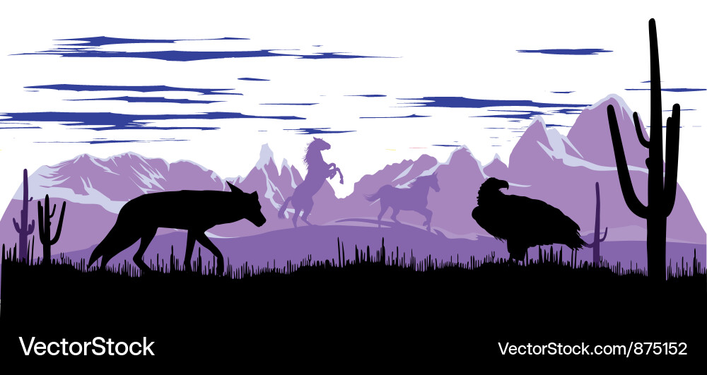 Wild horses coyote and eagle in the steppes Vector Image