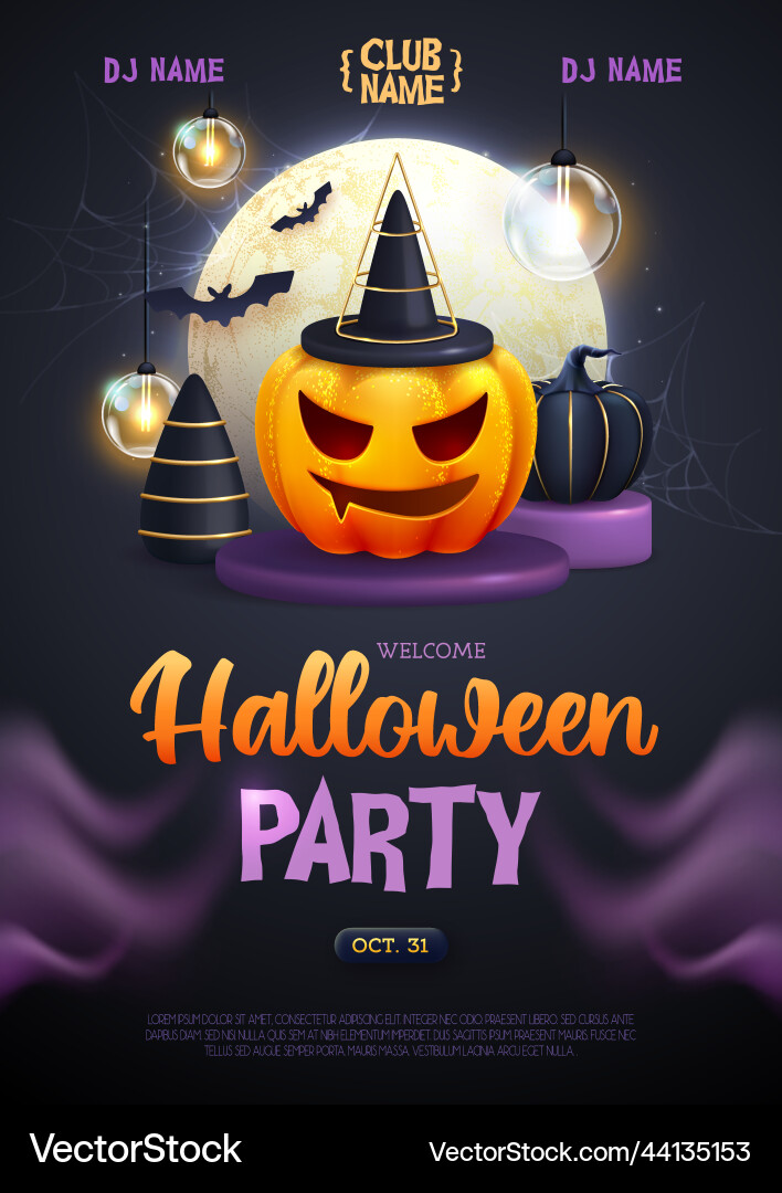 Halloween disco party poster with 3d pumpkins Vector Image