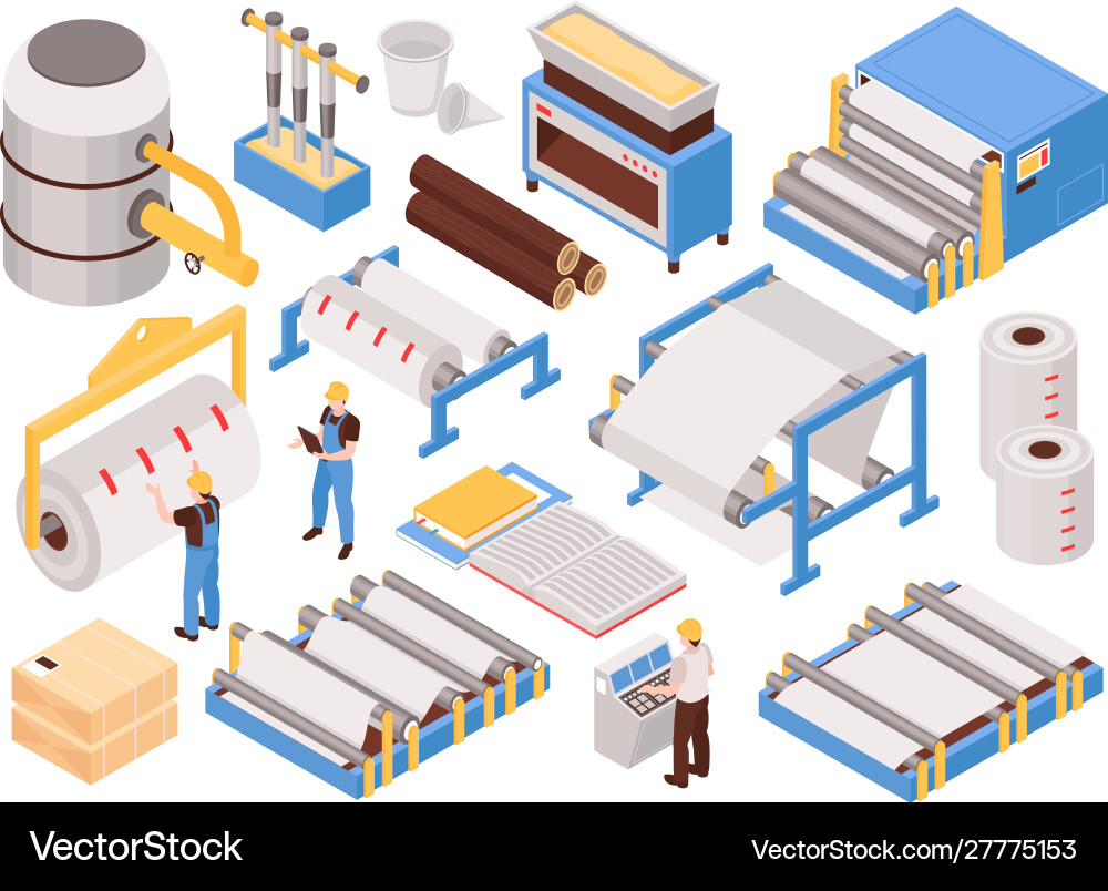 Paper factory isometric set Royalty Free Vector Image