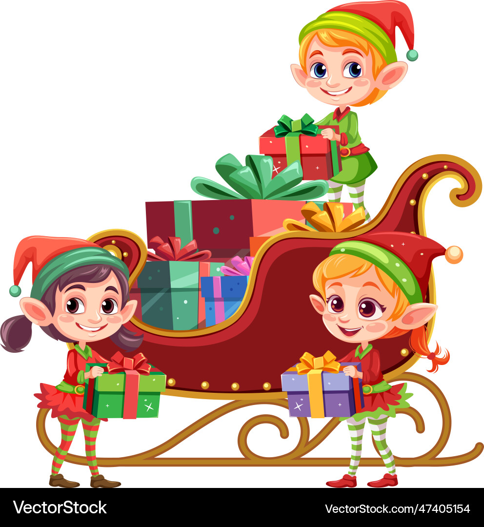 Elfs delivery christmas gifts Royalty Free Vector Image