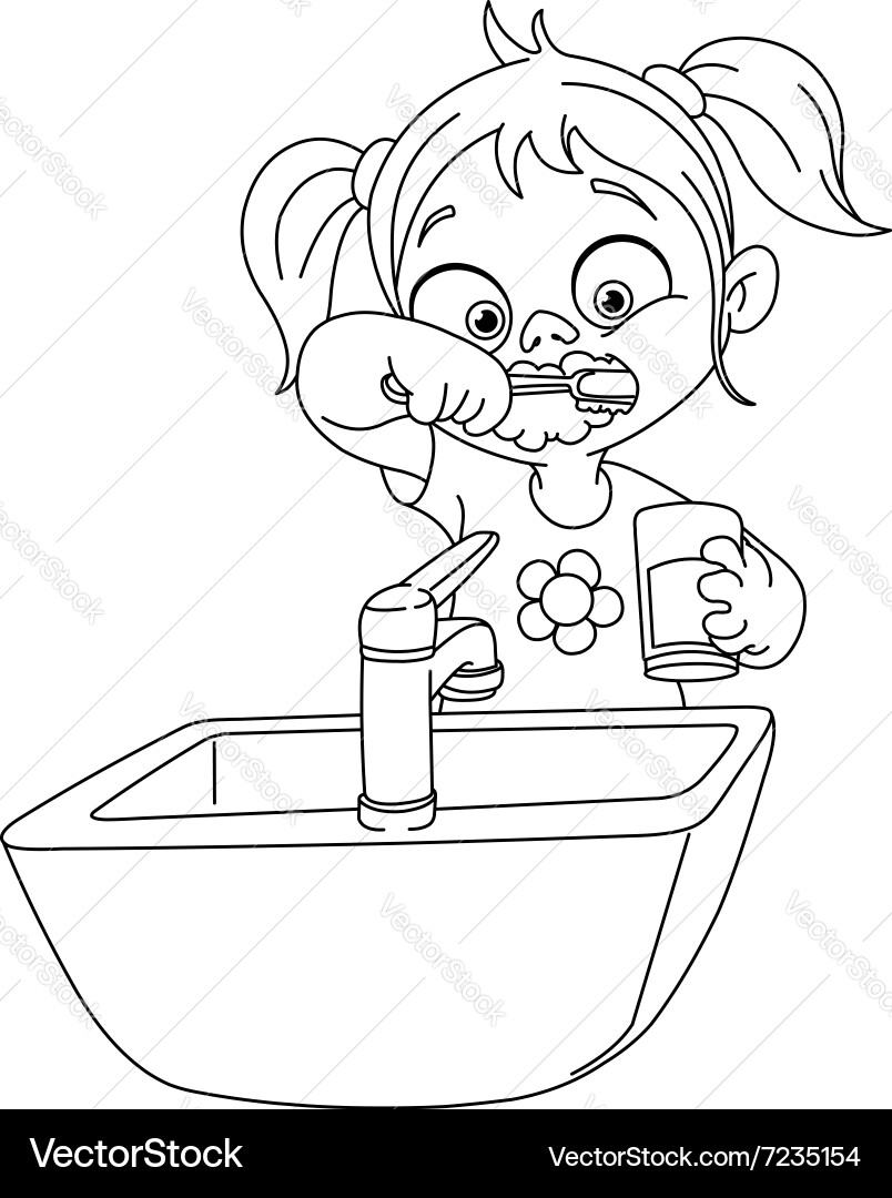 Outlined girl brushing teeth Royalty Free Vector Image