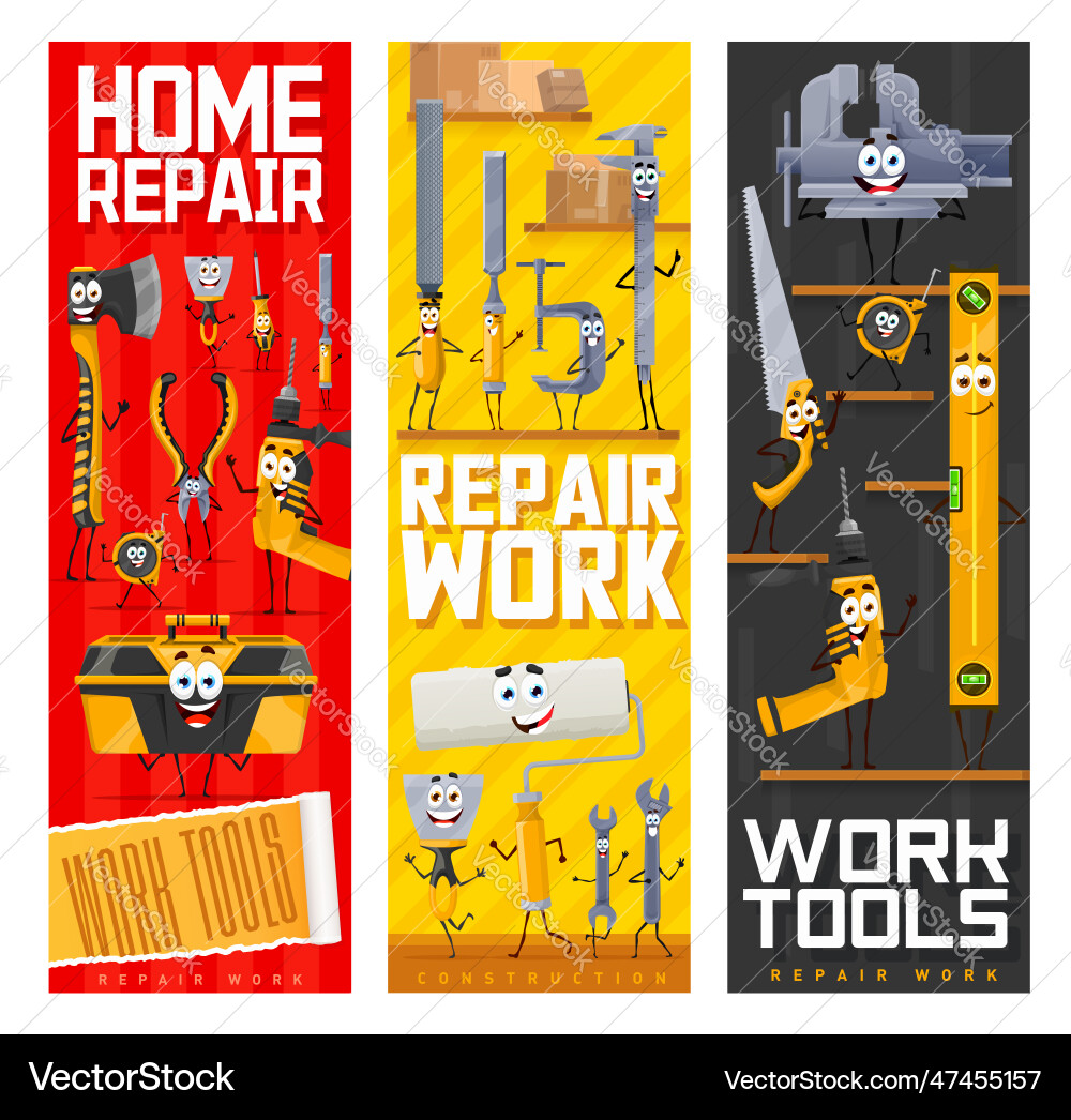 Cartoon repair diy work tool characters banners Vector Image