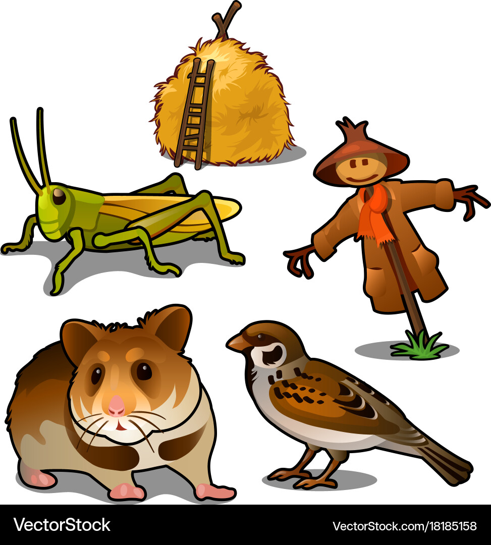 Grasshopper Maus sparrow scarecrow und haystack Vektorbild
