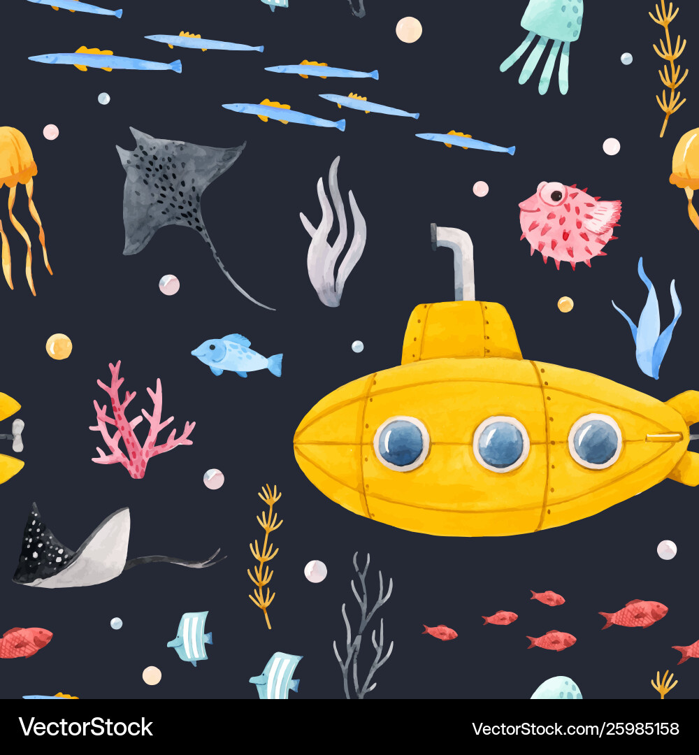 Watercolor underwater submarine pattern Royalty Free Vector