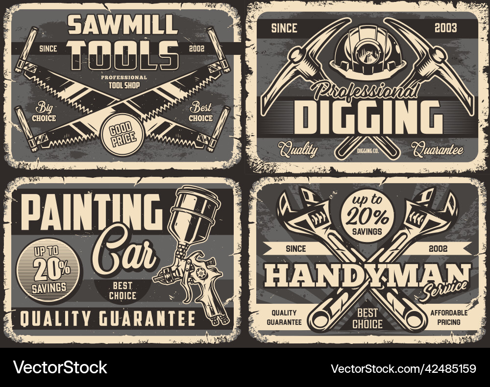 Monochrome horizontal posters set with tools Vector Image