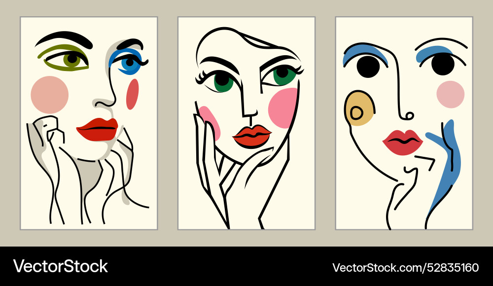 A womans face with different types of makeup Vector Image