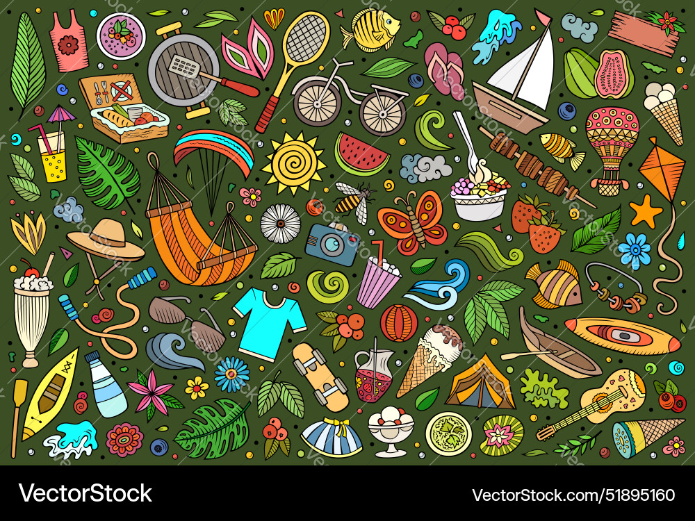 Doodle cartoon set of summer theme objects Vector Image