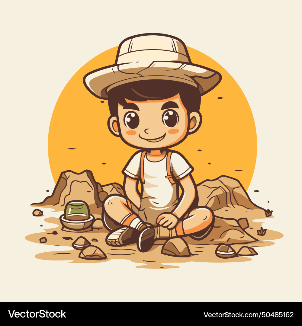 Cute cartoon boy with backpack sitting Royalty Free Vector