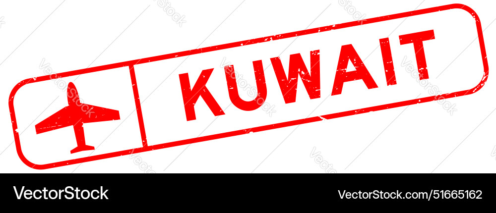 Grunge red kuwait word with plane icon square Vector Image