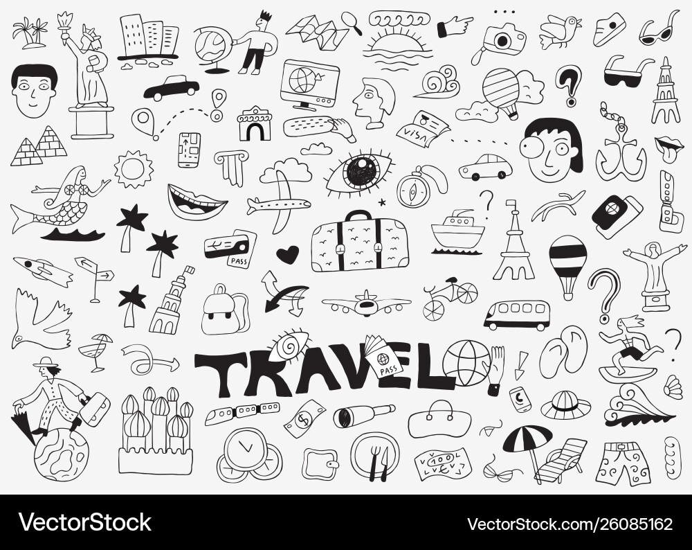 Travel doodle set pencil drawings Royalty Free Vector Image