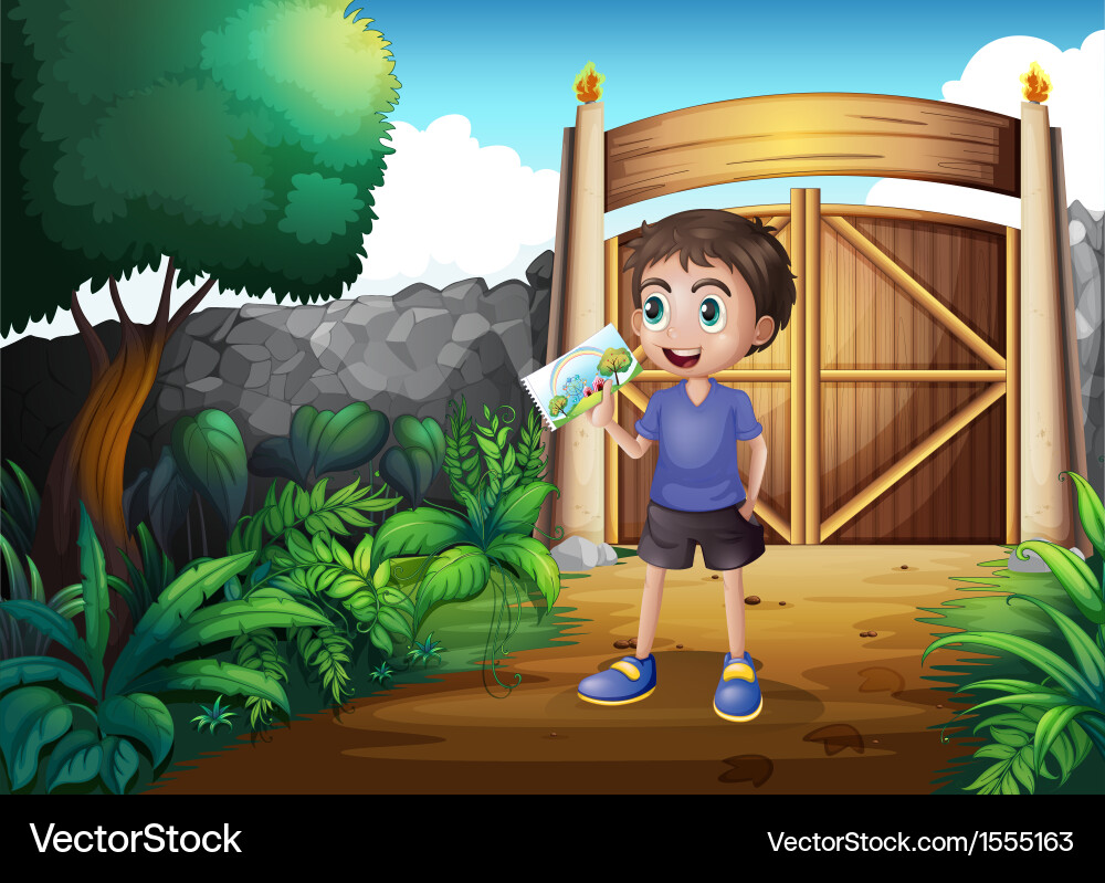 A boy holding picture inside the gate Royalty Free Vector