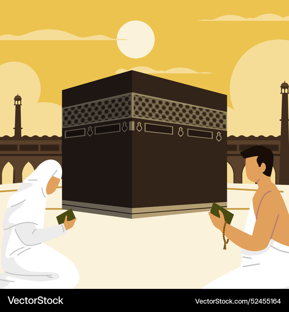 Flat hajj with mecca and people Royalty Free Vector Image