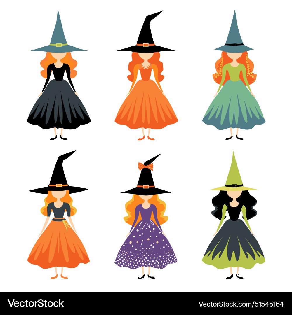 Six colorful witches different dresses hats Vector Image