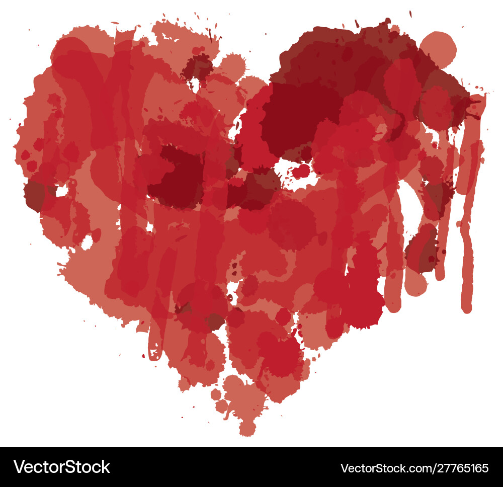 Watercolor abstract heart with red drops and spots