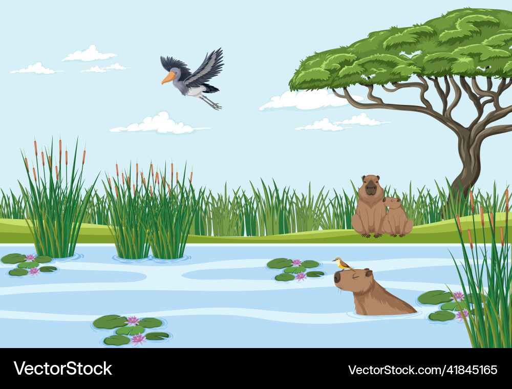 Wetland forest scene with capybara Royalty Free Vector Image