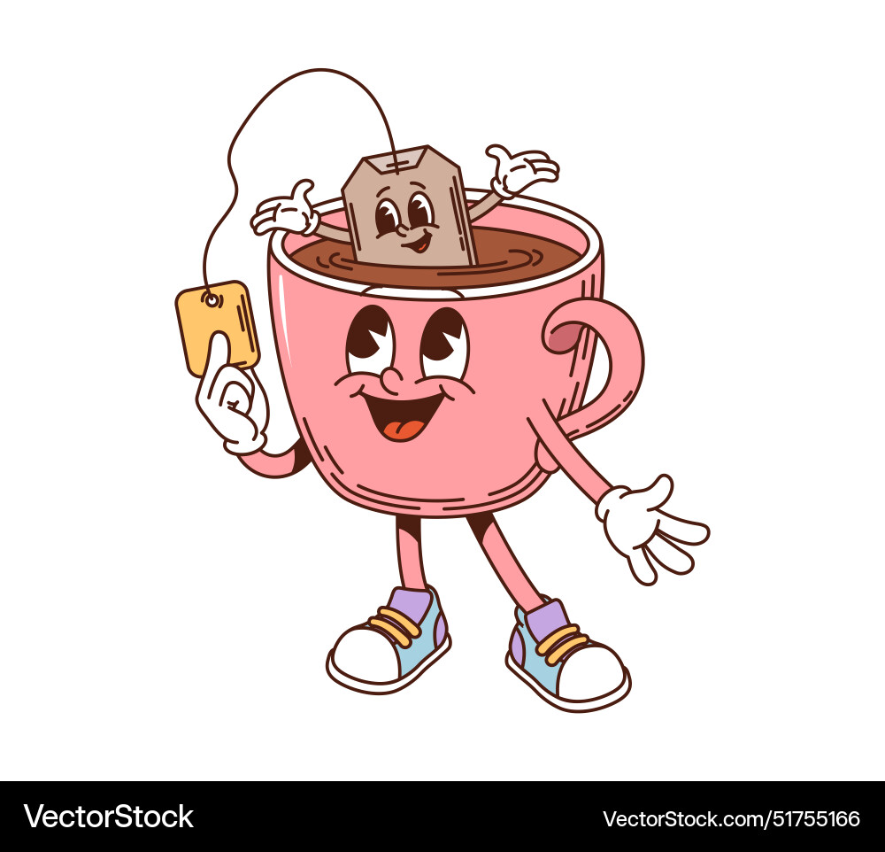 Tea cup retro cartoon groovy breakfast character Vector Image