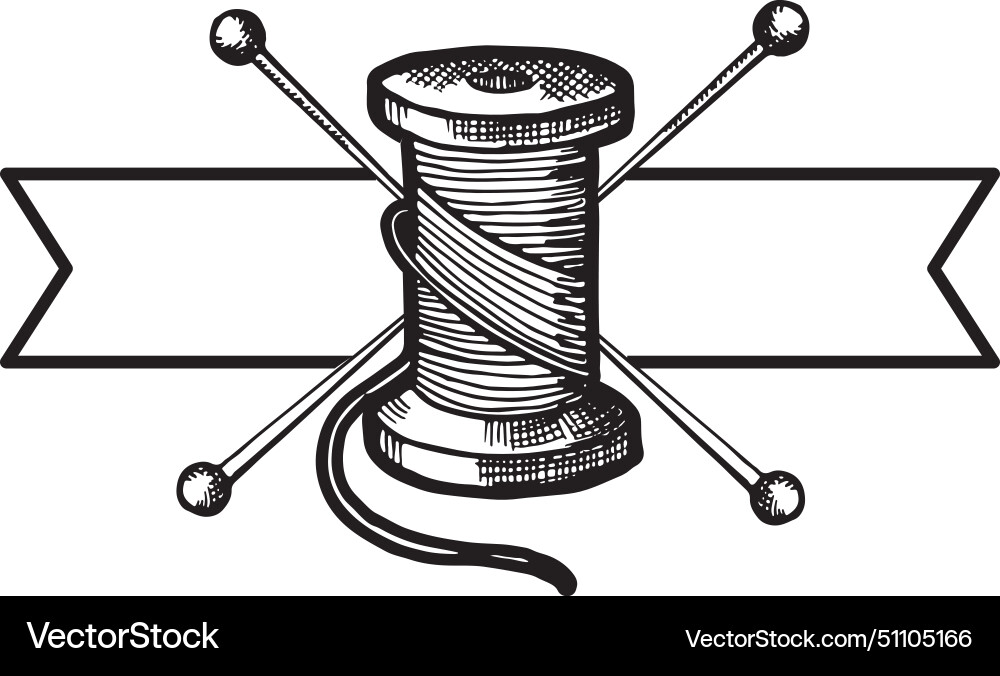 Thread spool logo with blank ribbon banner hand Vector Image