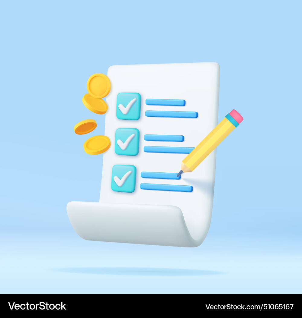 3d paper with checkbox pancil and golden coins Vector Image