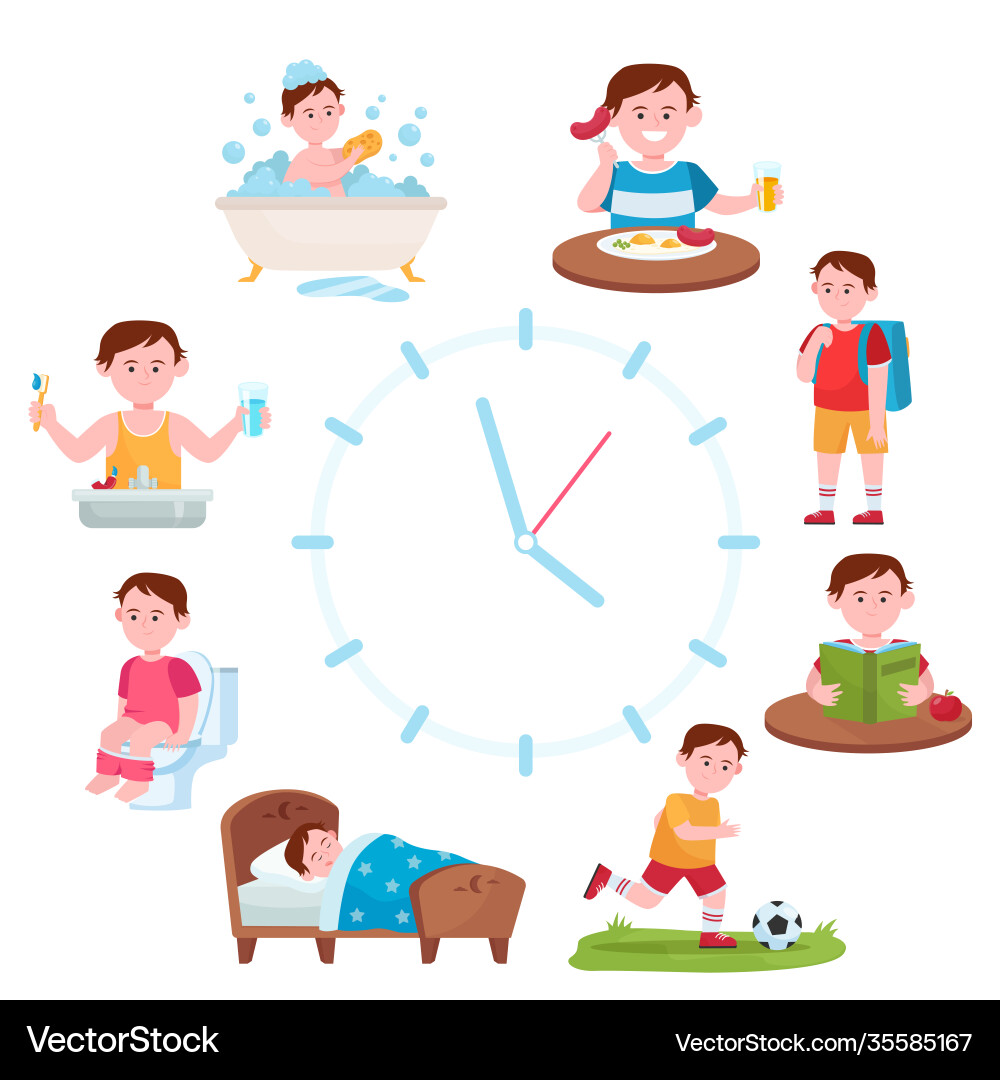 Child daily routine clocks flat Royalty Free Vector Image