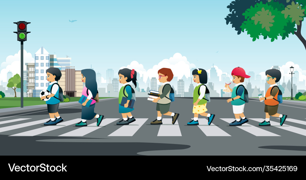 Students use a crosswalk Royalty Free Vector Image