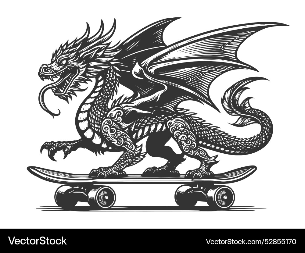Dragon riding skateboard engraving sketch Vector Image