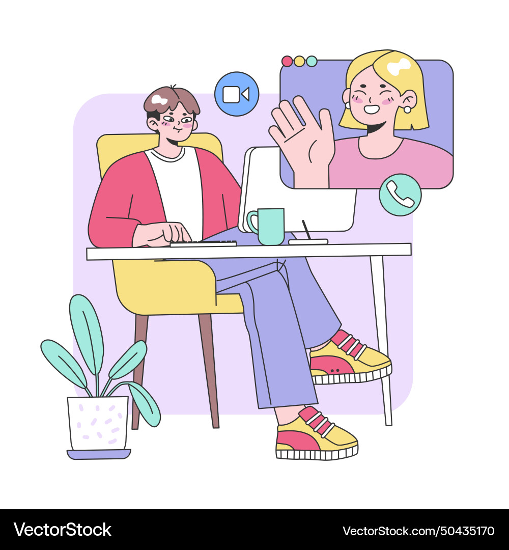 Young professional engages in a virtual meeting Vector Image