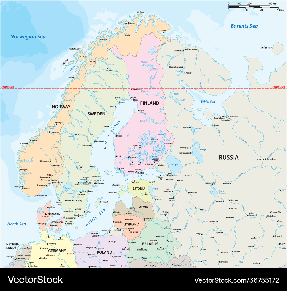Northern Europe Map with Cities & Seas Vector Image