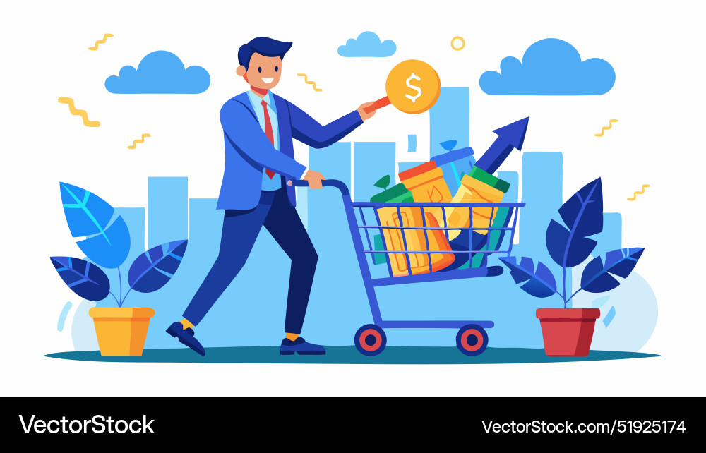 Investor adding stocks to cart Royalty Free Vector Image