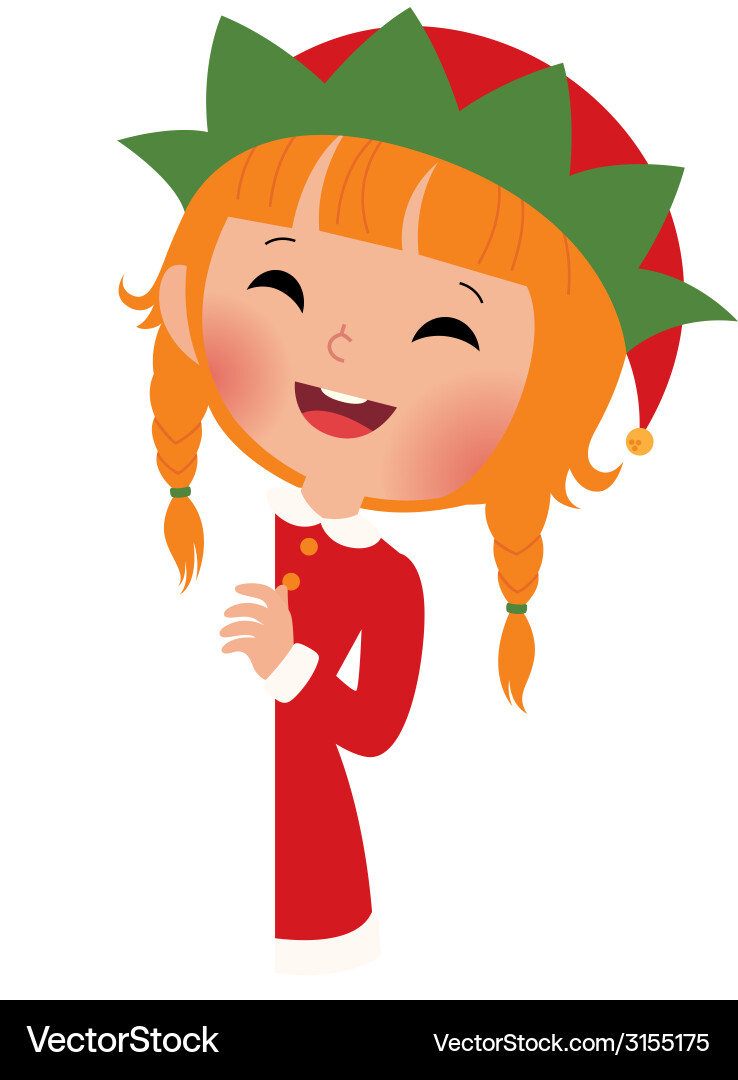 Christmas elf looking from behind the placard Vector Image