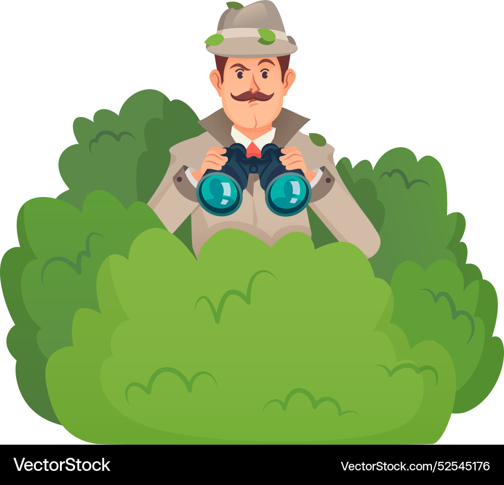 Inspector making surveillance from green bush Vector Image