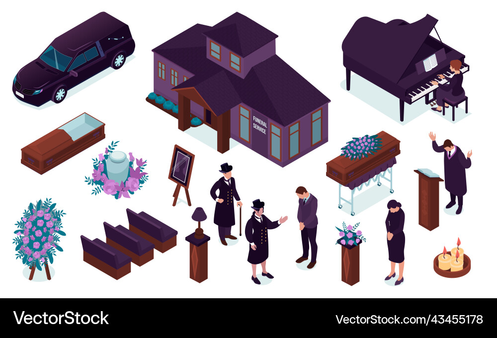 Funeral service isometric set Royalty Free Vector Image
