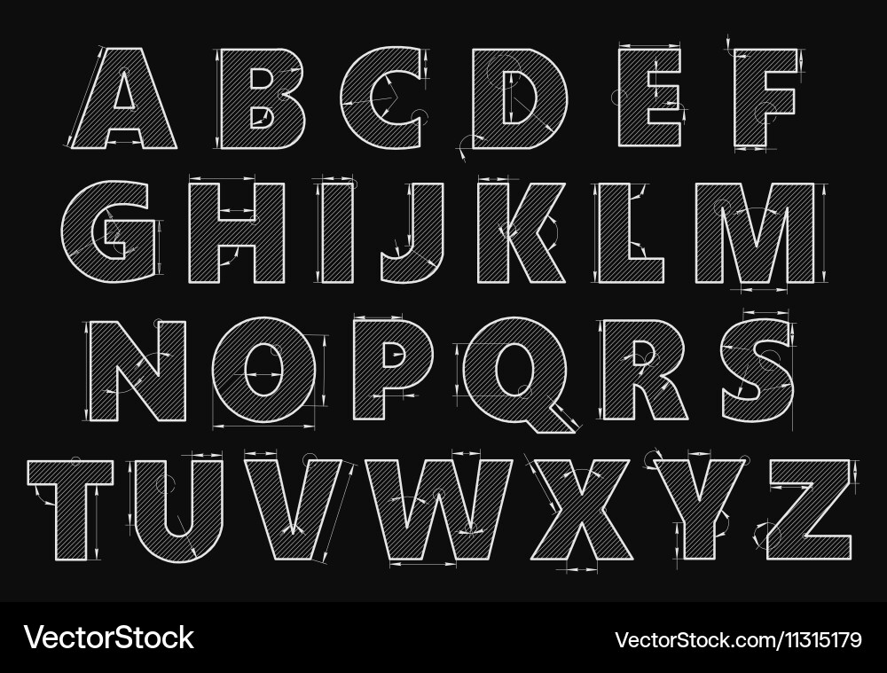 Alphabet in style of a technical drawing Vector Image