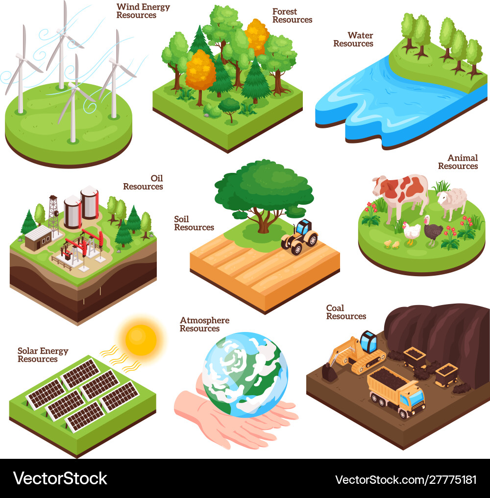 Natural resources isometric set Royalty Free Vector Image Natural resources isometric set Royalty Free Vector Image