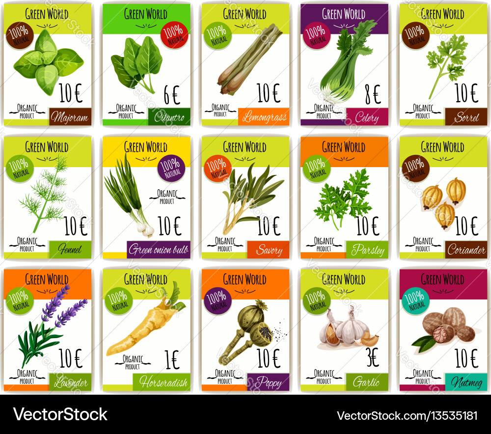 Spice and herbs vegetables price tags set Vector Image