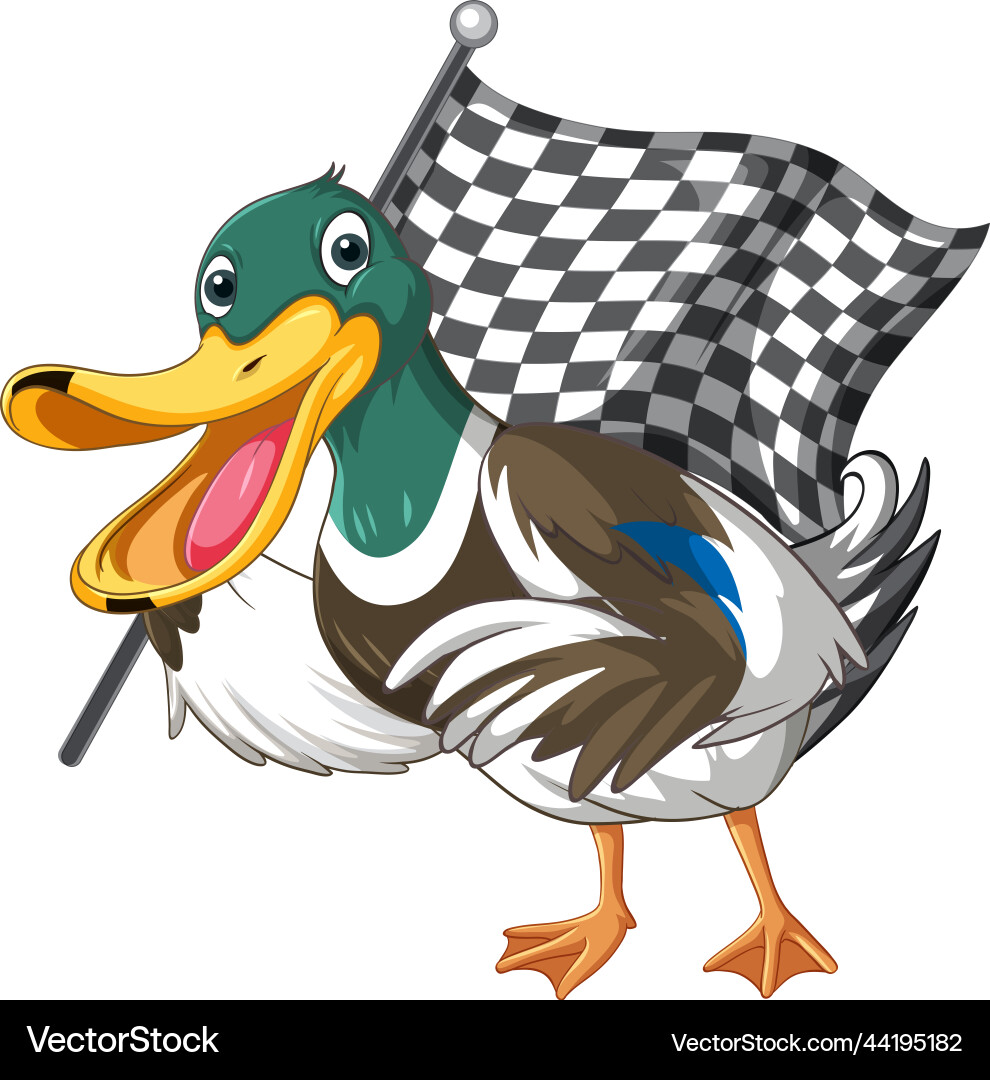 Cartoon duck holding chequered flag Royalty Free Vector