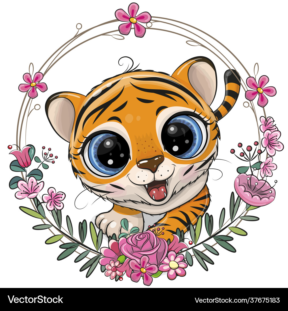 Cartoon tiger with a floral wreath Royalty Free Vector Image