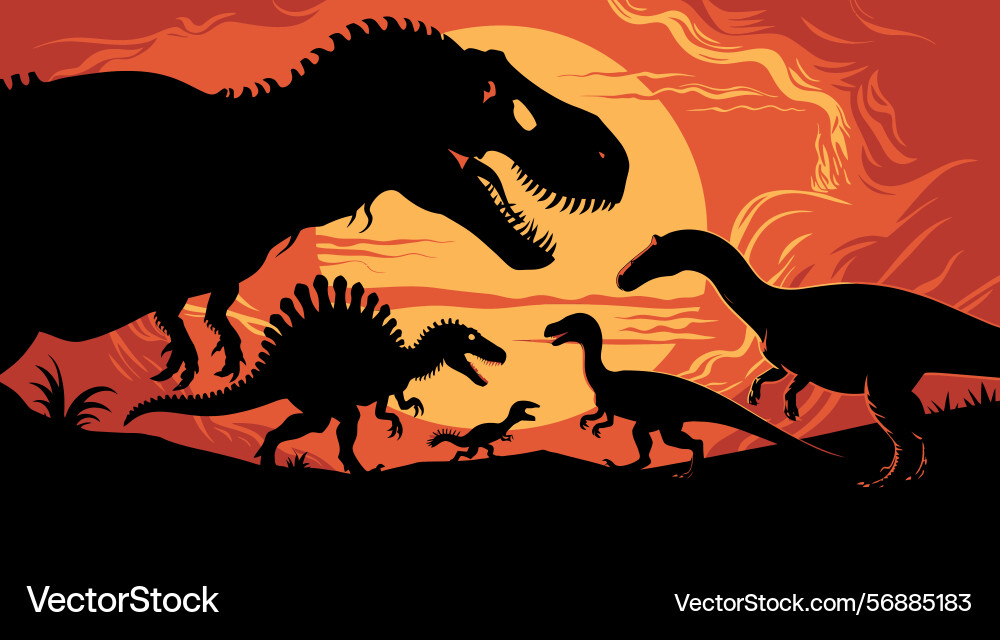 Prehistoric dinosaurs silhouette sunset scene Vector Image