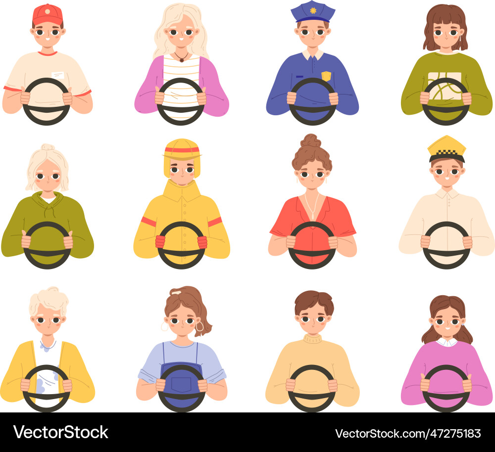 Young driver characters various people drive car Vector Image