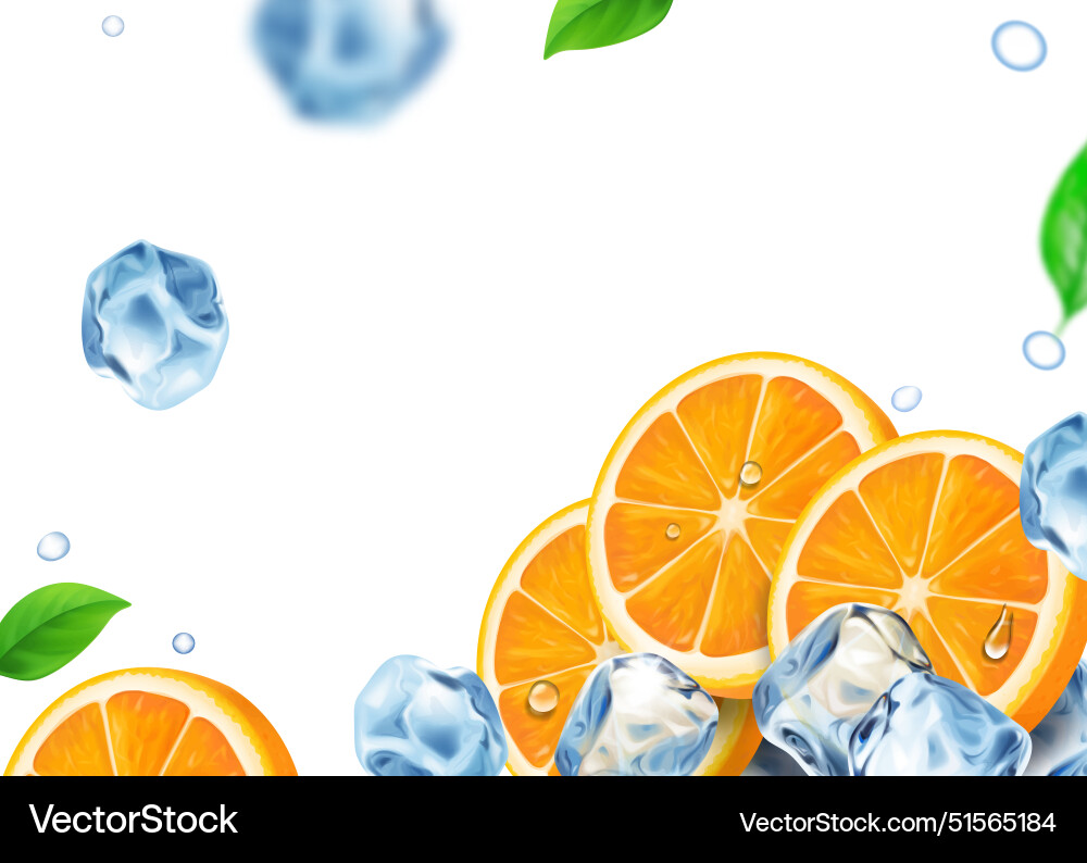Orange sliced fruit and ice cubes realistic Vector Image