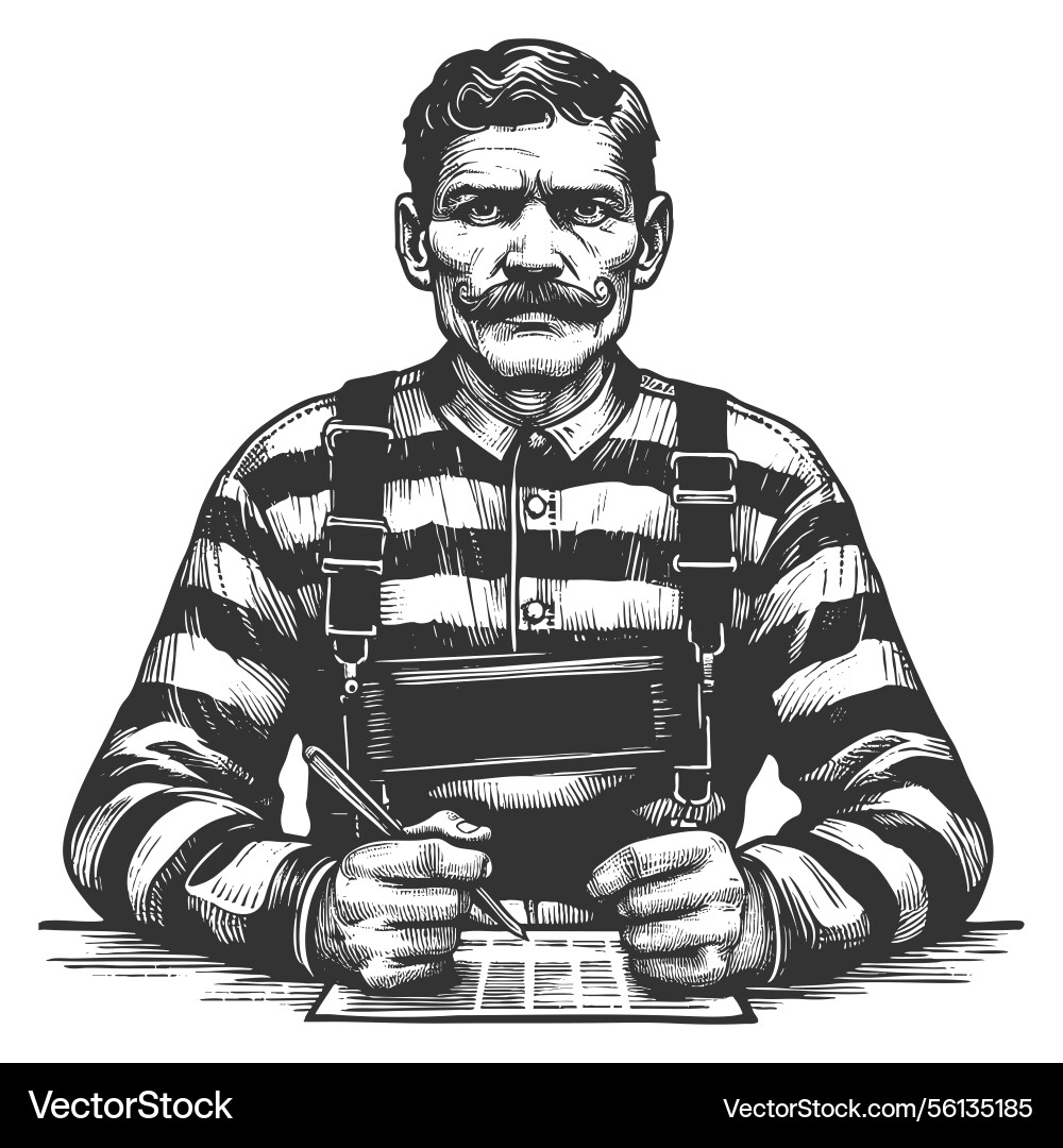 Prisoner writing letter in jail cell engraving Vector Image