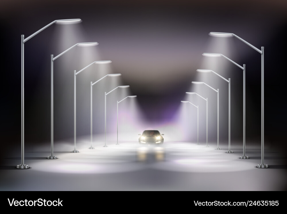 Street lights realistic in fog composition Vector Image